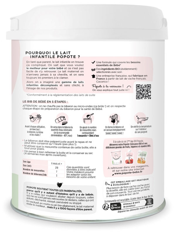 Popote Lait Infantile Le 2ème Âge de 6 à 12 Mois Bio 800 g ...