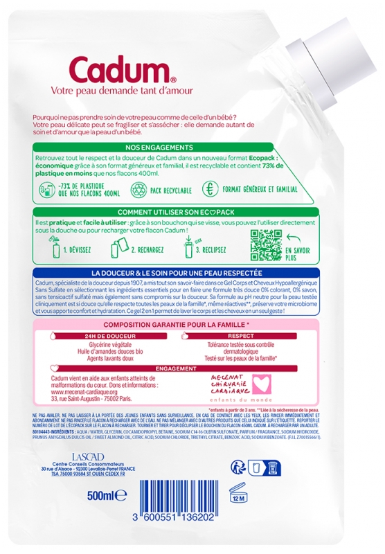 Cadum Gel Corps & Cheveux Hypoallergénique Éco Recharge 500 ML ...